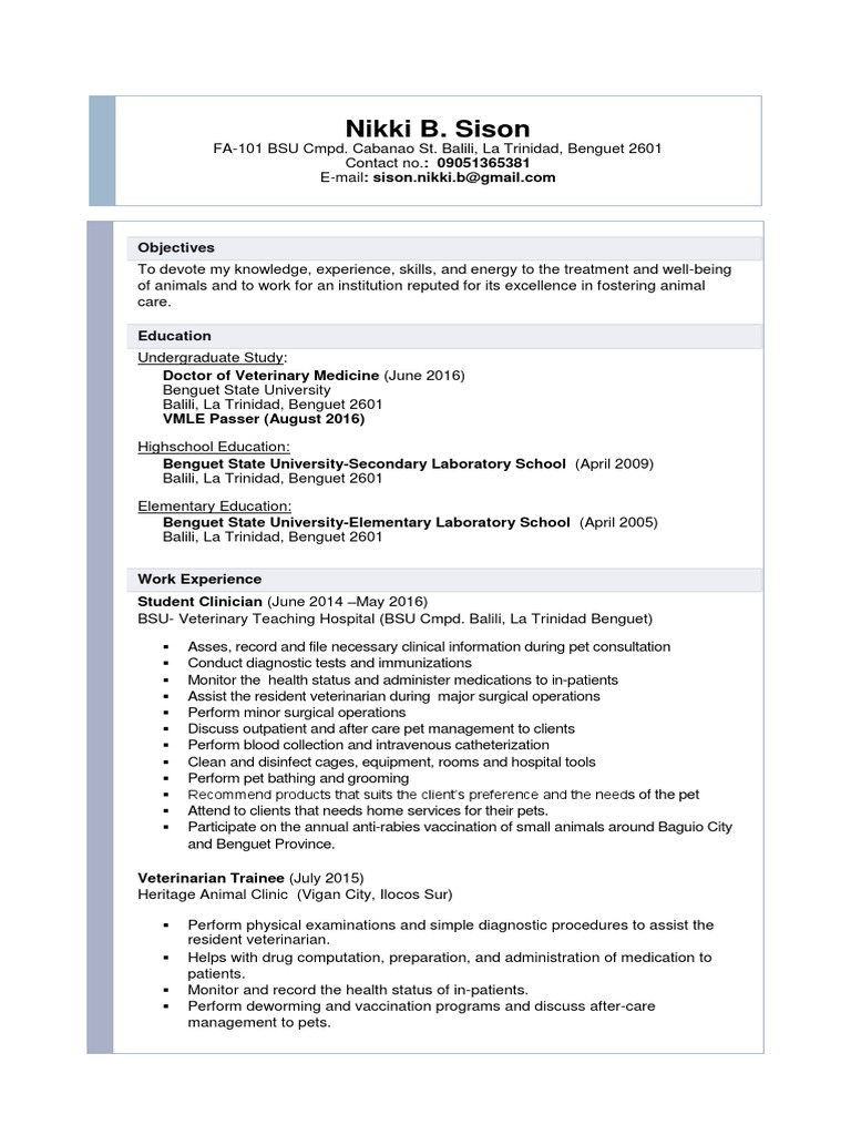 Nikki Sison CV | PDF | Veterinary Physician | Patient