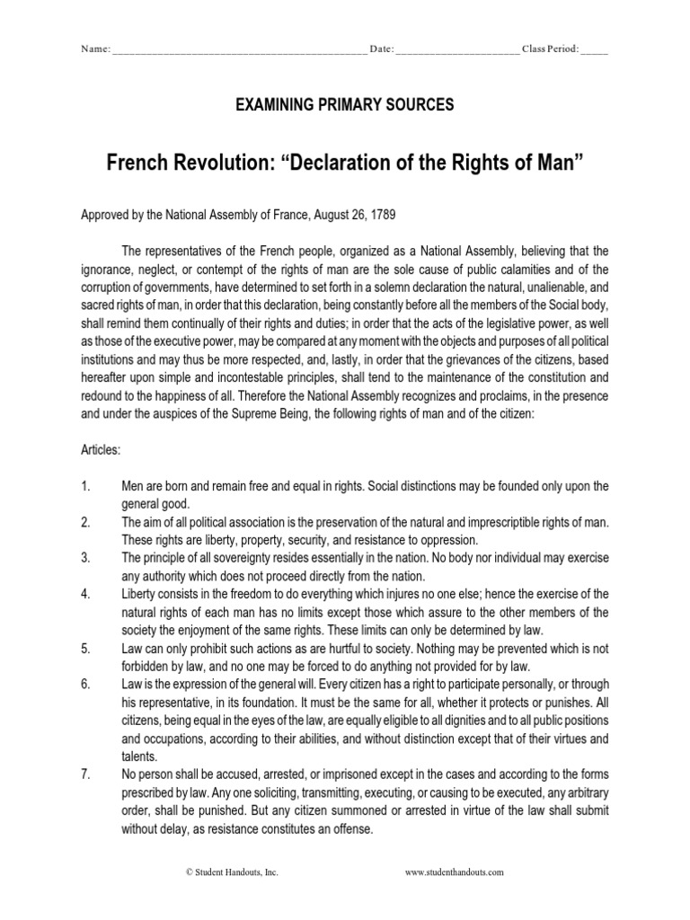 French Revolution: "Declaration of The Rights of Man": Examining ...