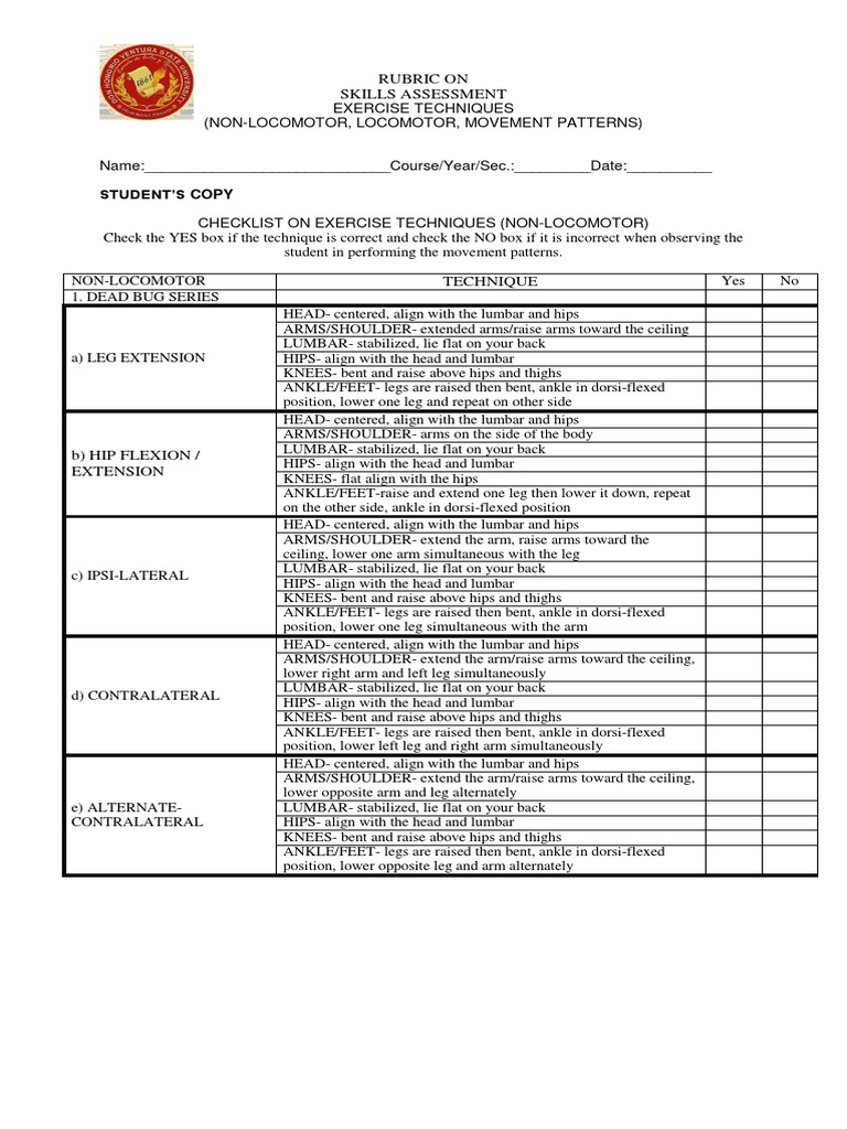 Rubrics On Exercise Techniques and Movement Competency Screen-Student's ...