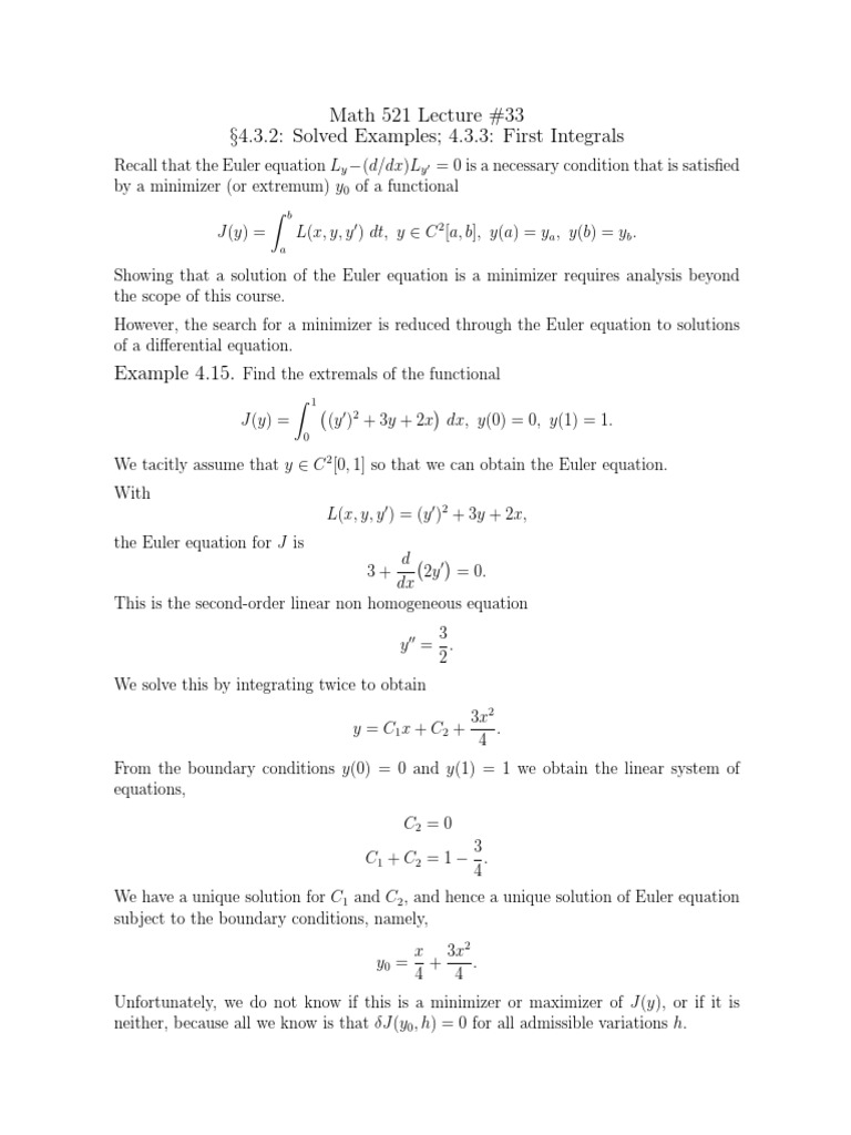 Solving Functionals Through First Integrals and Euler Equations: Examples of the Brachistochrone ...
