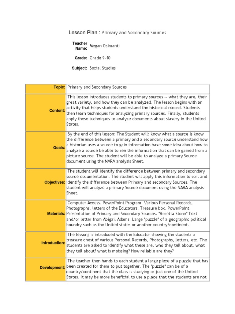 Primary vs. Secondary Sources Lesson | PDF | Primary Sources | Lesson Plan