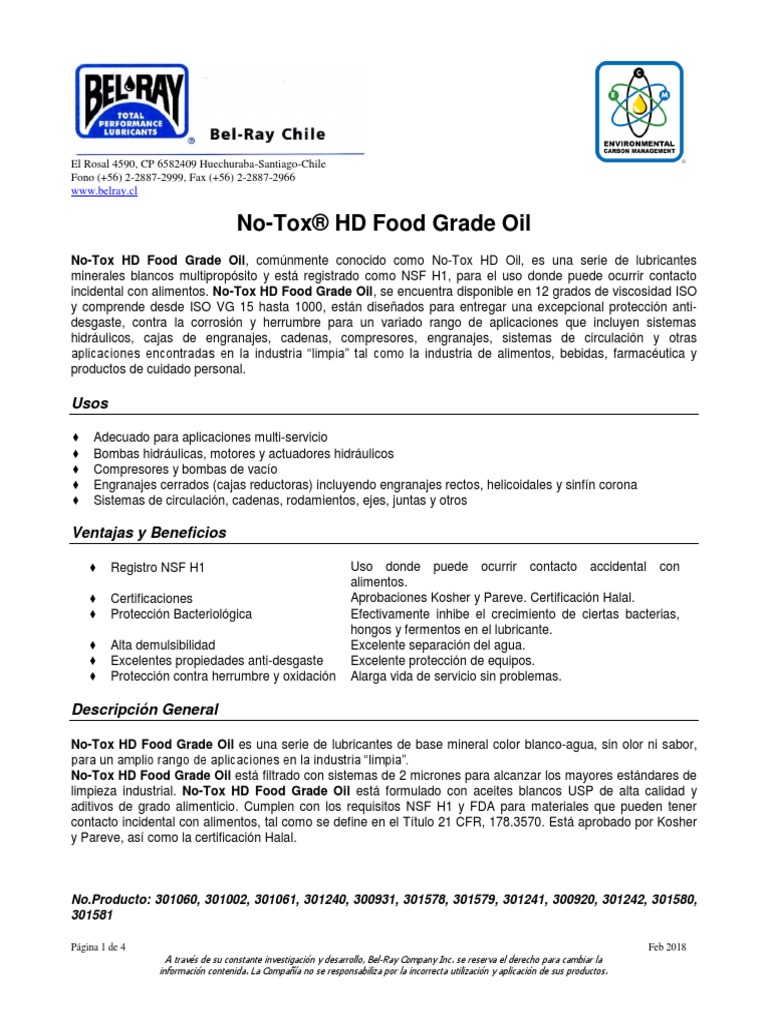 No-Tox® HD Food Grade Oil PDF | PDF | Engranaje | Lubricante