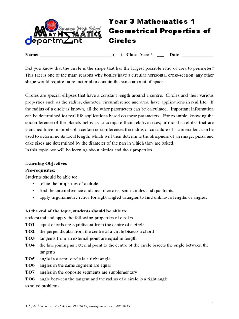 1 Geometrical Properties of Circles | PDF | Circle | Area