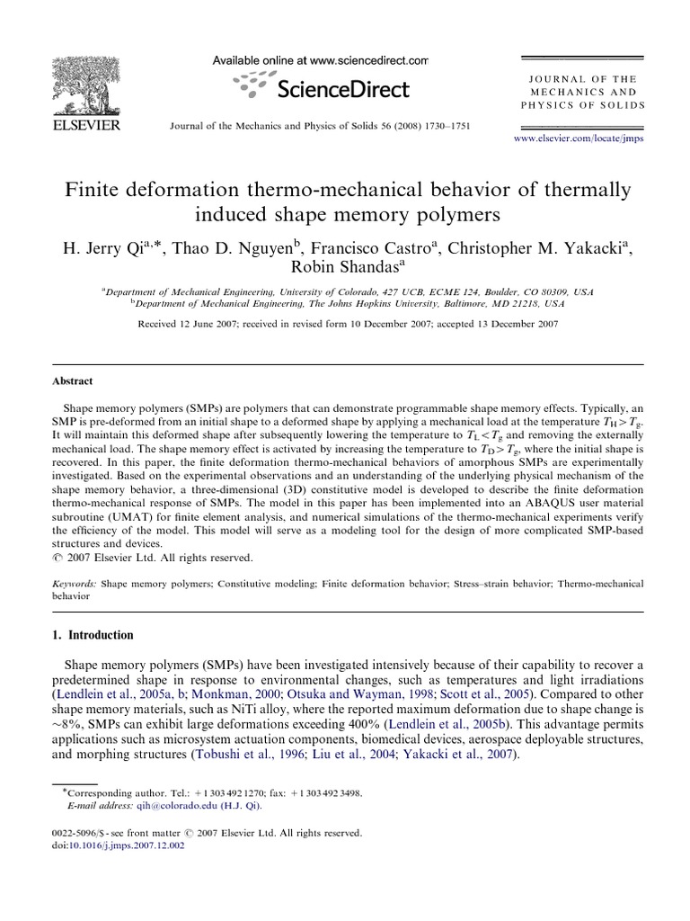 Finite Deformation Thermo-Mechanical Behavior of Thermally Induced Shape Memory Polymers | PDF ...