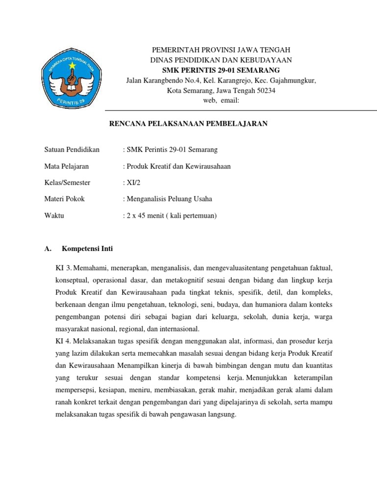 RPP Produk Kreatif Dan Kewirausahaan | PDF