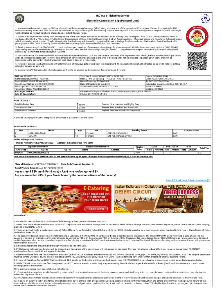 Electronic Cancellation Slip and Refund Rules for an e-Ticket on the ...
