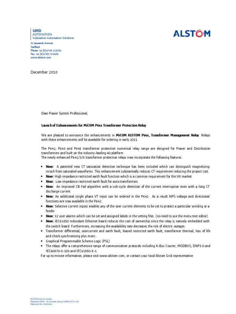 MiCOM Alstom P64x Launch Letter GB | PDF | Transformer | Relay