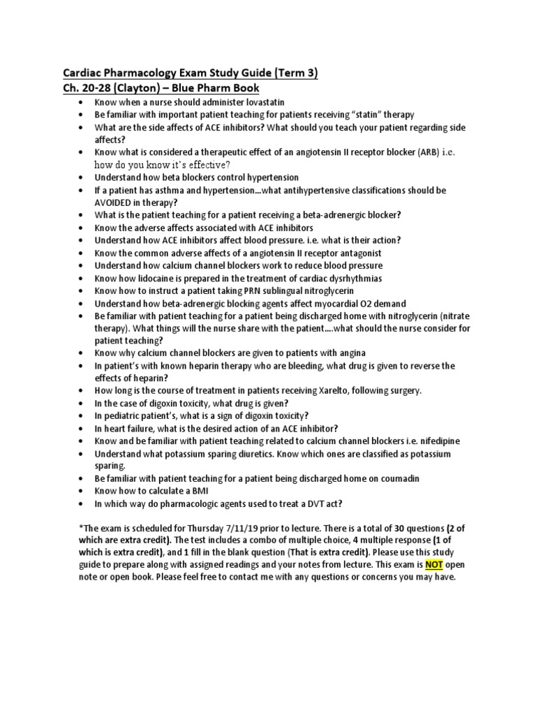 Cardiac Pharm Exam Study Guide | PDF | Internal Medicine | Angiology