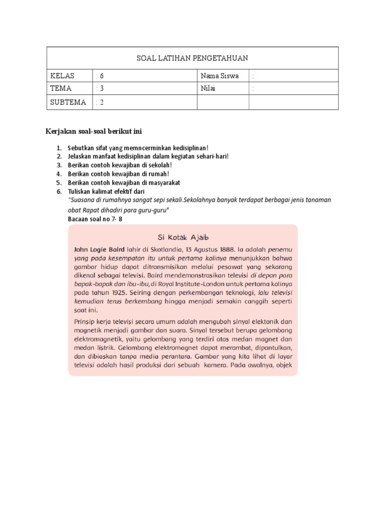 Soal Latihan Pengetahuan Tema 3 Sub 2 | PDF