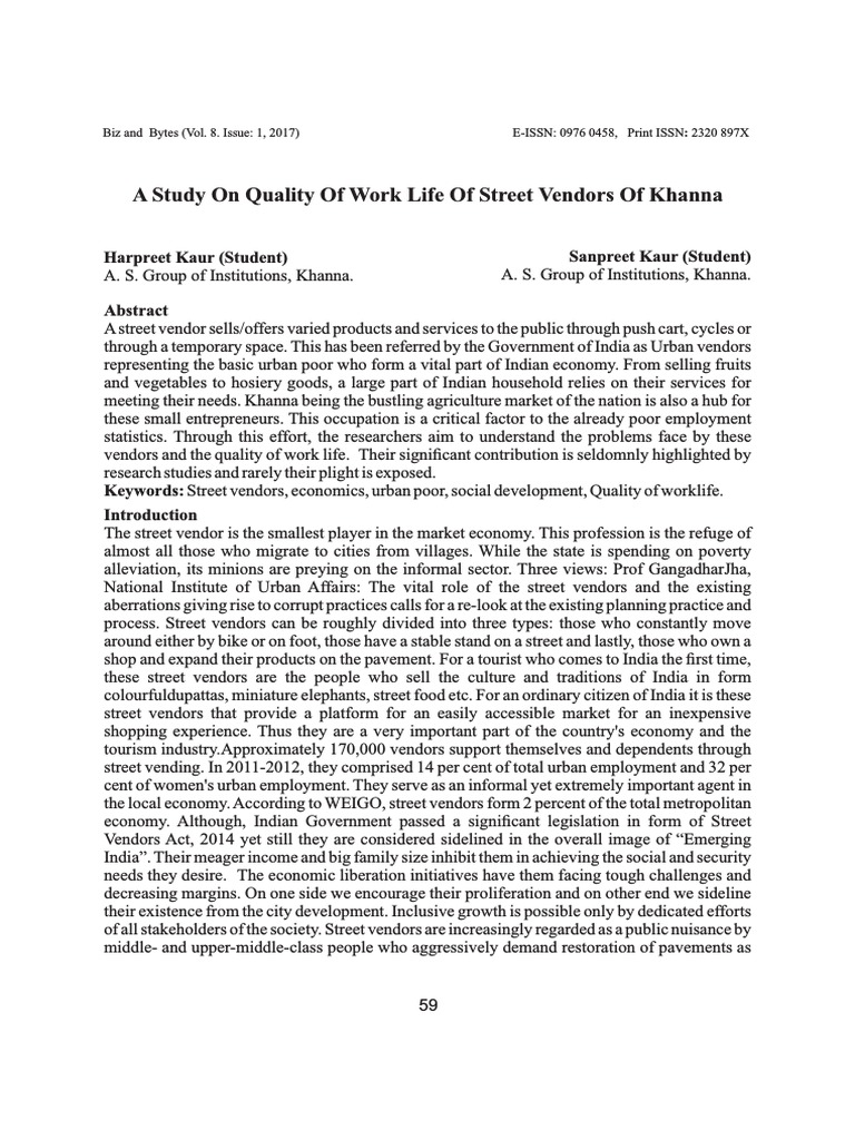 A Study On Quality of Work Life of Street Vendors of Khanna: Sanpreet Kaur (Student) Harpreet ...