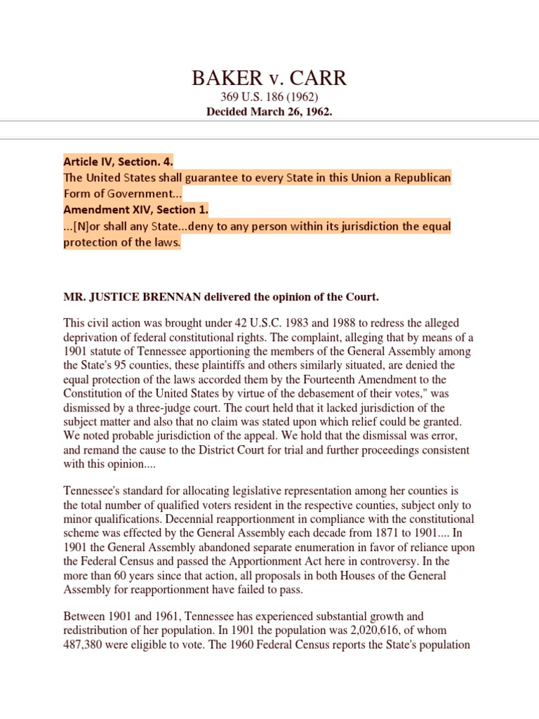 Baker v. Carr, 369 U.S. 186 | PDF | United States Constitution ...