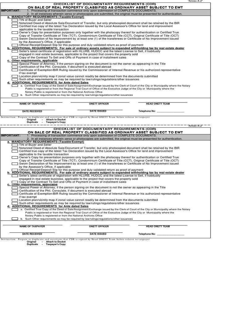 Checklist of Documentary Requirements On Sale of Real Property Rmo15 ...