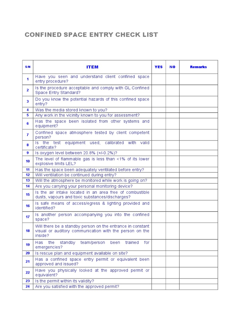 012 Confind Space Entry Check List | PDF