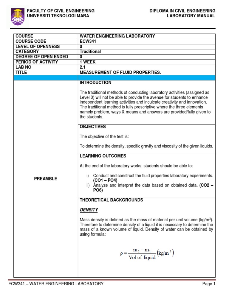 Lab Manual 2.1 - LEVEL 0 - Measurement of Fluid Properties | PDF ...