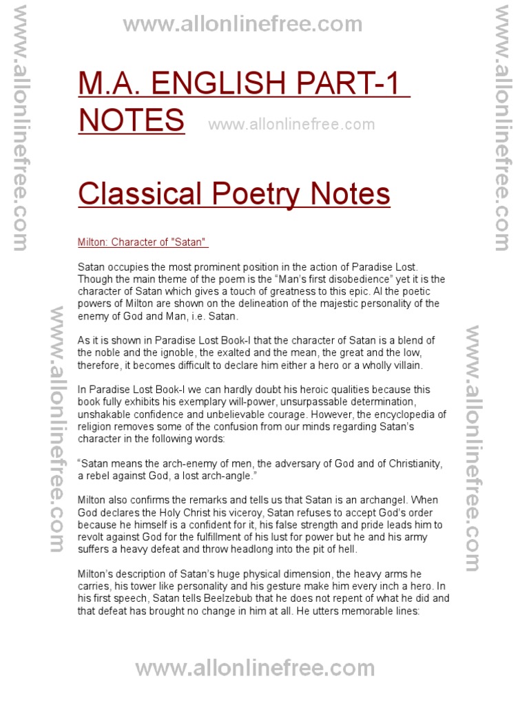 Classical Poetry Analysis for MA English | PDF | Paradise Lost | The ...