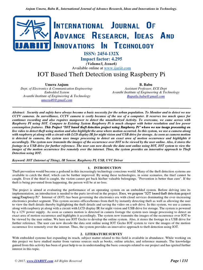 IOT Based Theft Detection Using Raspberry Pi: ISSN: 2454-132X Impact ...