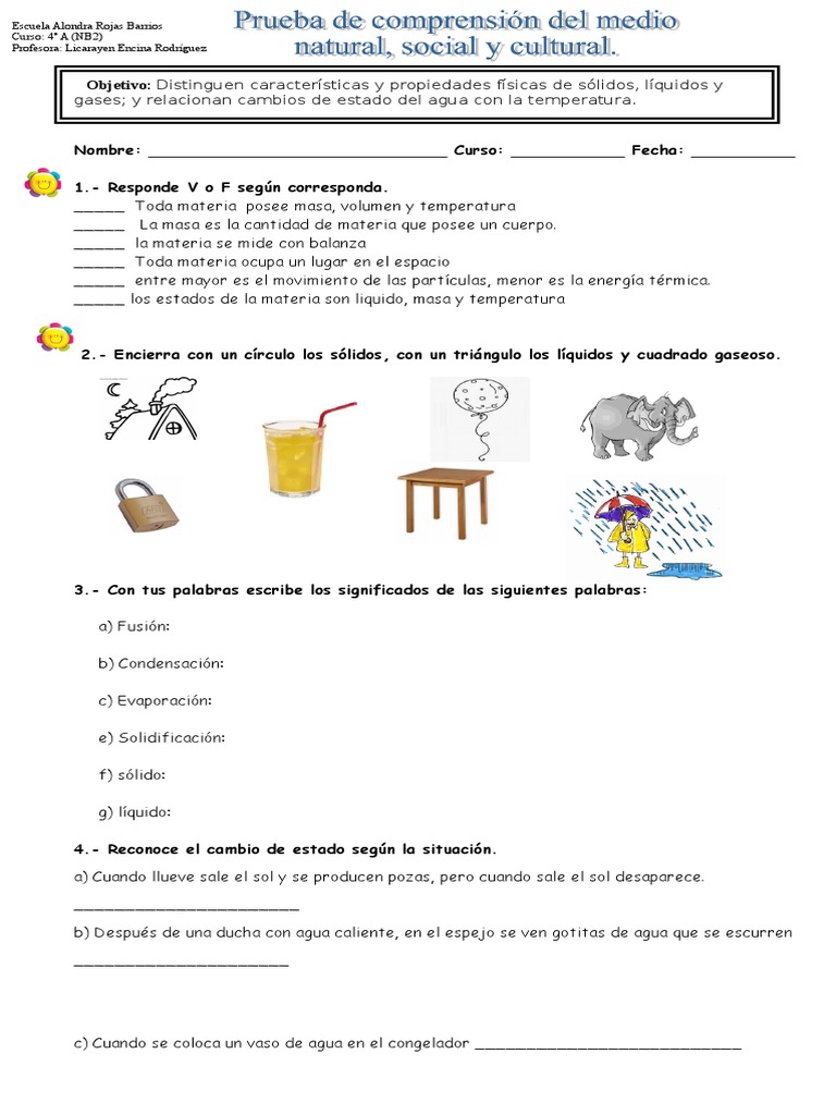 Prueba Estados de La Materia de Tercero Basico | PDF