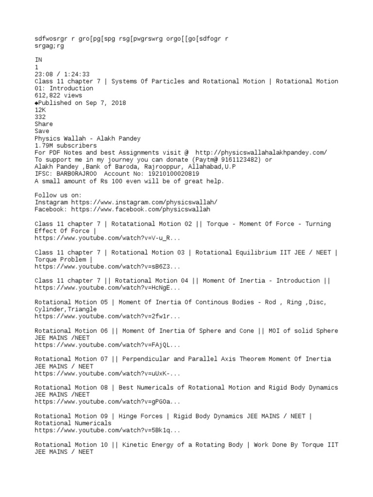 Class 11 Imp Notes | PDF | Rotation Around A Fixed Axis | Torque