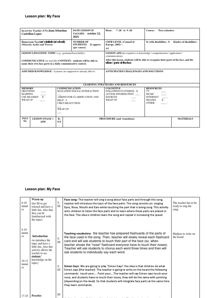 Lesson Plan: My Face | PDF | Lesson Plan | Teachers