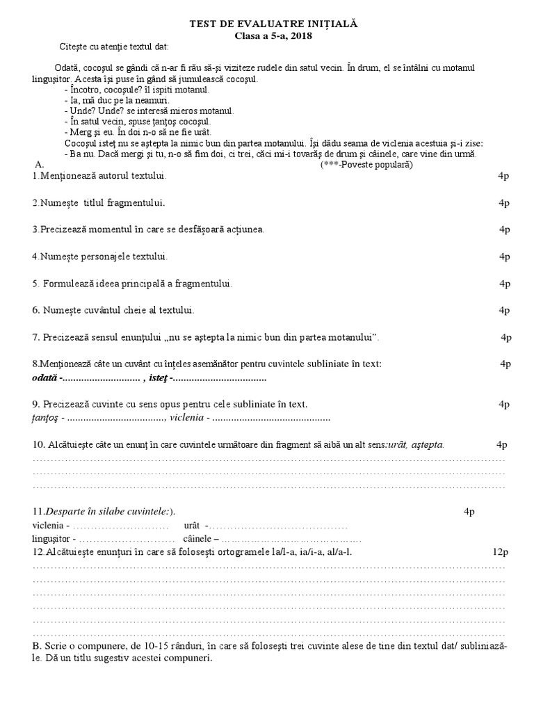 Test de Evaluatre Initialaclasa A 5a 6 | PDF
