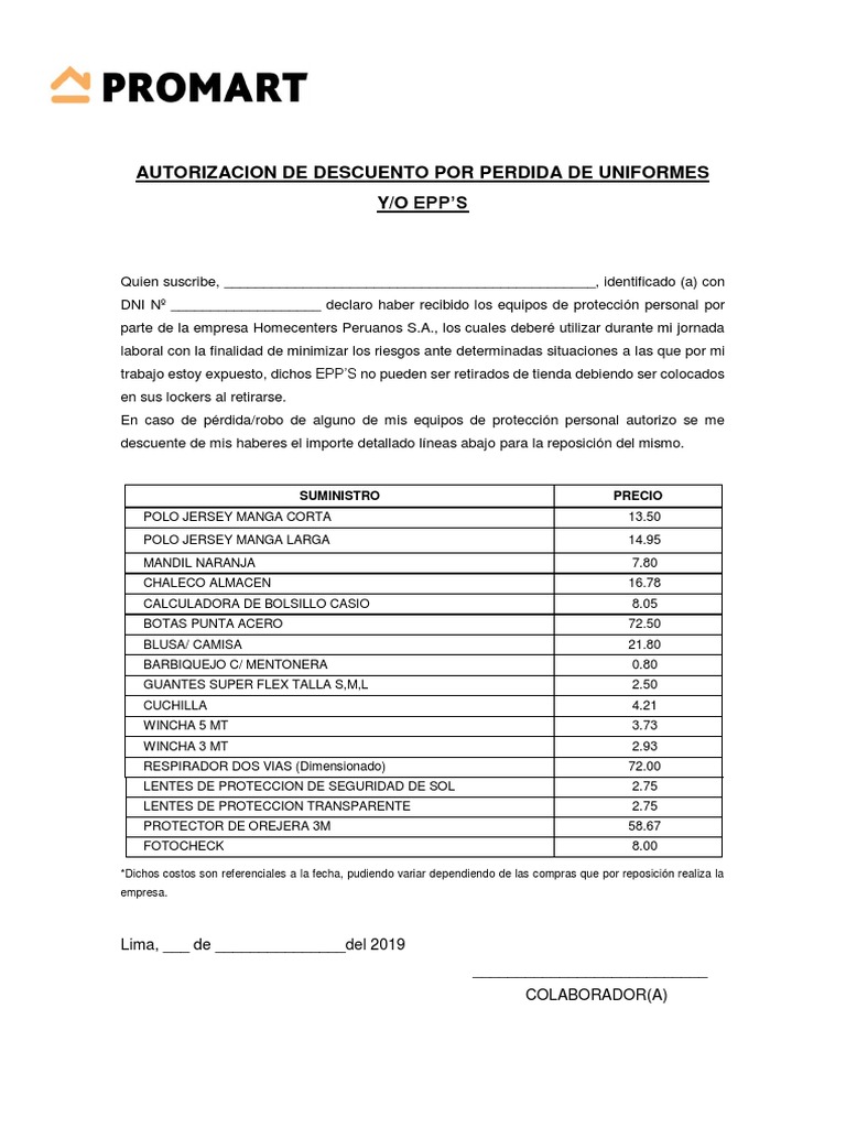 Autorizacion de Descuentos Por Perdida de EPP S HPSA | PDF | Business