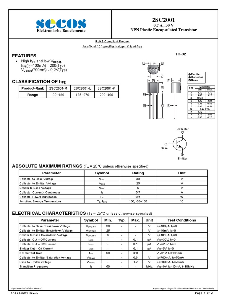 2SC2001 | PDF | Bipolar Junction Transistor | Manufactured Goods