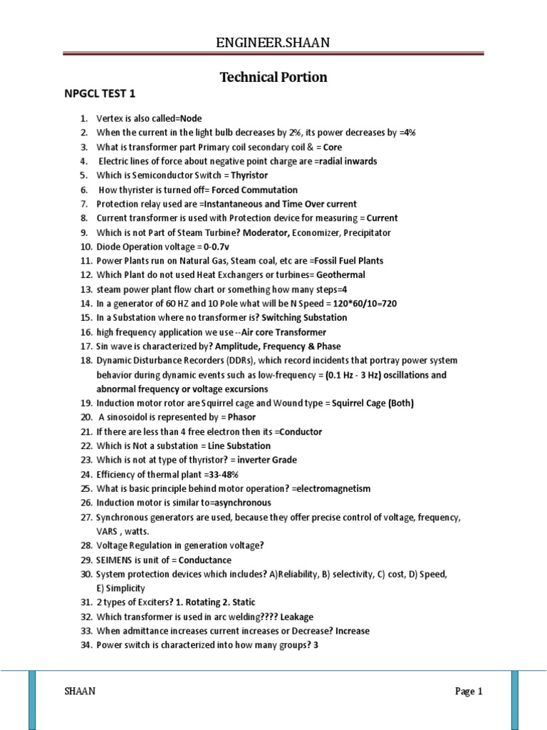 Technical Portion: NPGCL Test 1 | PDF | Transformer | Amplifier