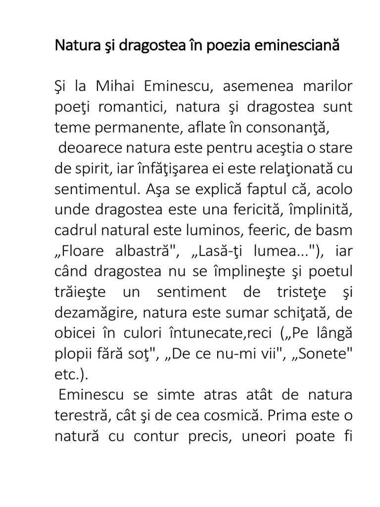 Natura Şi Dragostea În Poezia Eminesciană. | PDF