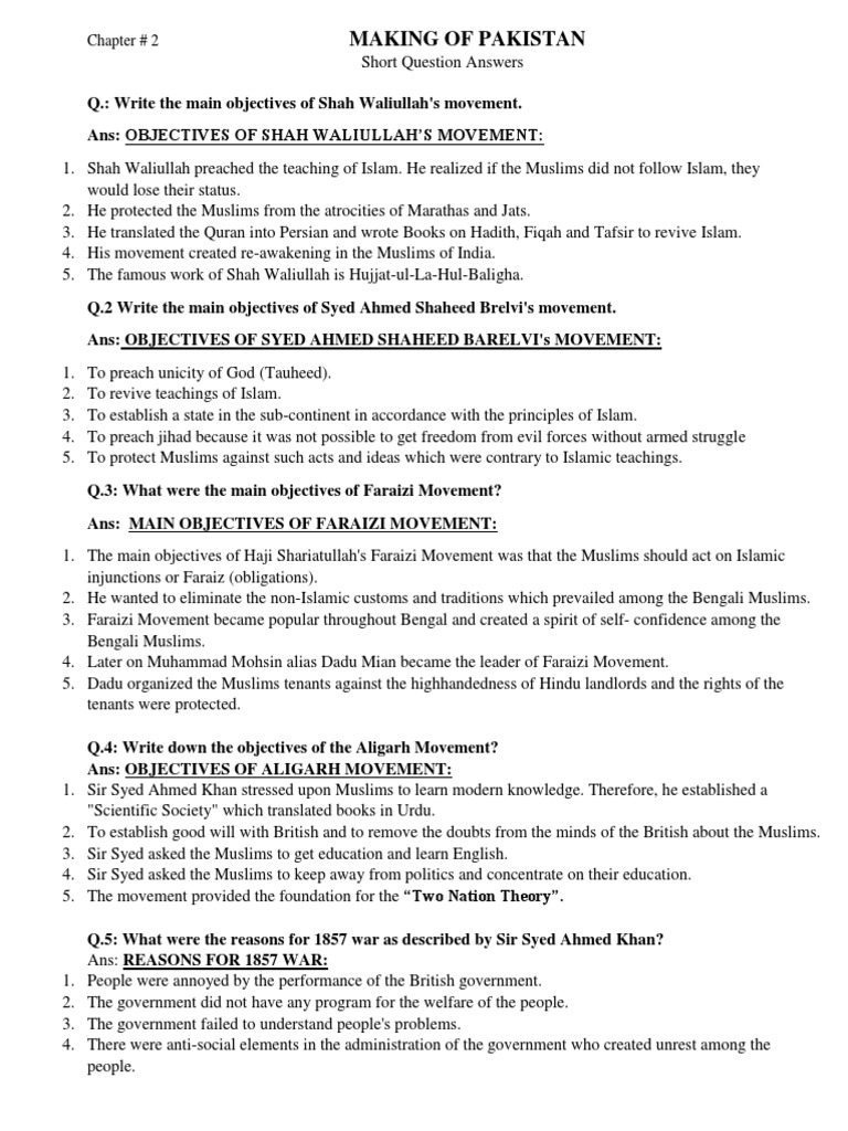 Pakistan Studies Chapter 2 Notes Karachi Board | PDF | All India Muslim ...