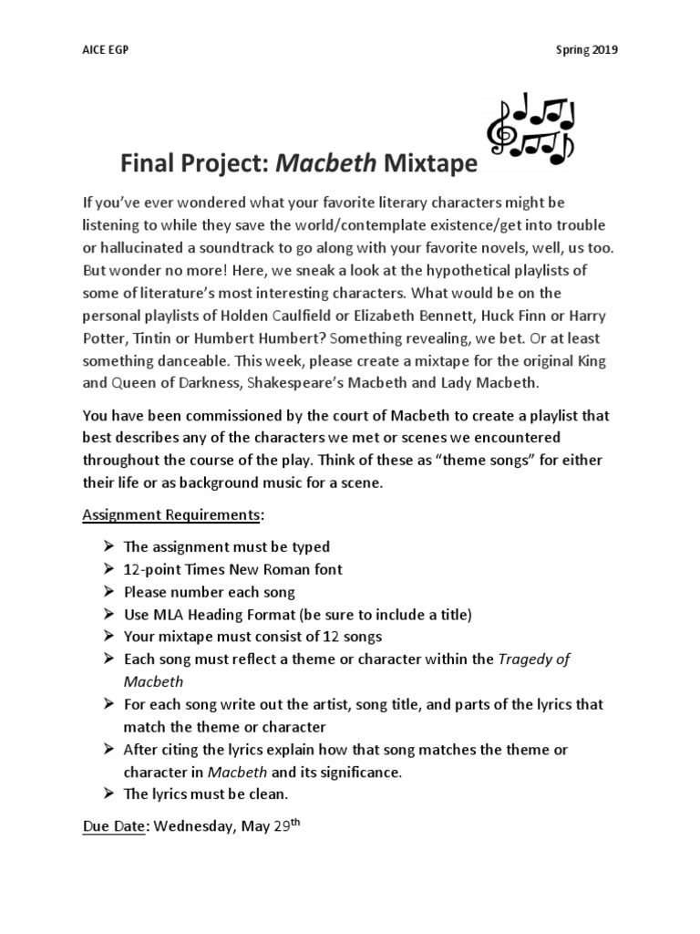 Macbeth Mixtape Project Guidelines | PDF | Poetry | General Fiction