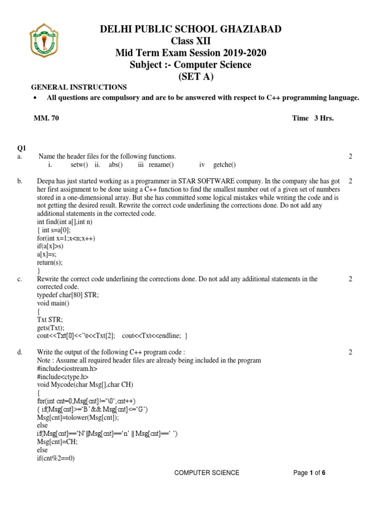 12 Set A Computer Science Mid Term 2019 Pdf Array Data Structure Subroutine