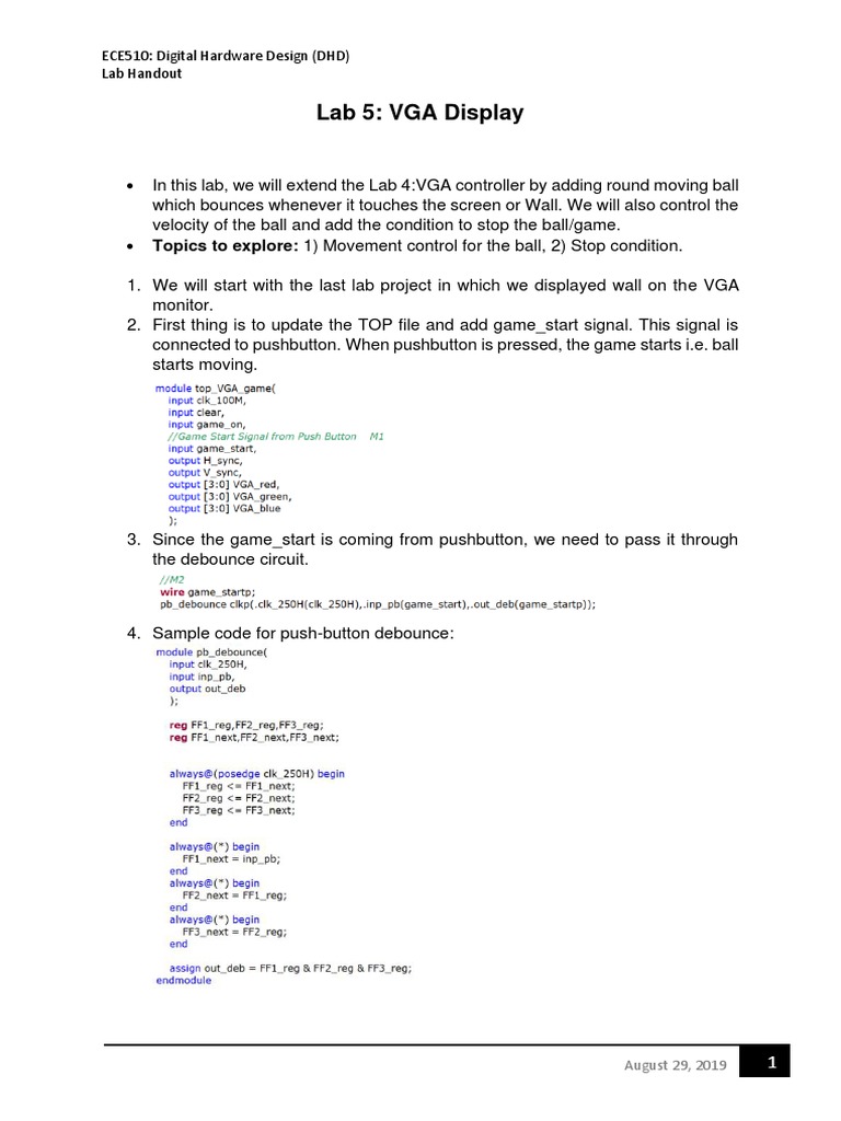 Lab 5: VGA Display: ECE510: Digital Hardware Design (DHD) Lab Handout | PDF | Switch | Digital ...