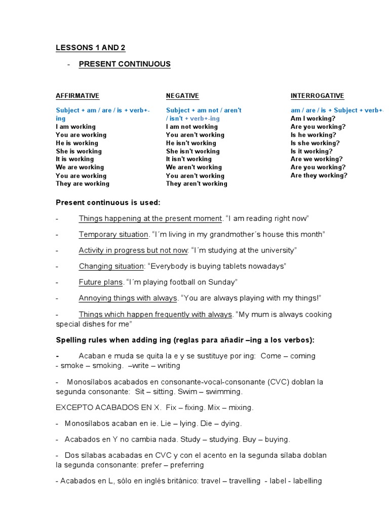 The Present Continuous: Lessons 1 and 2 | PDF | Wellness