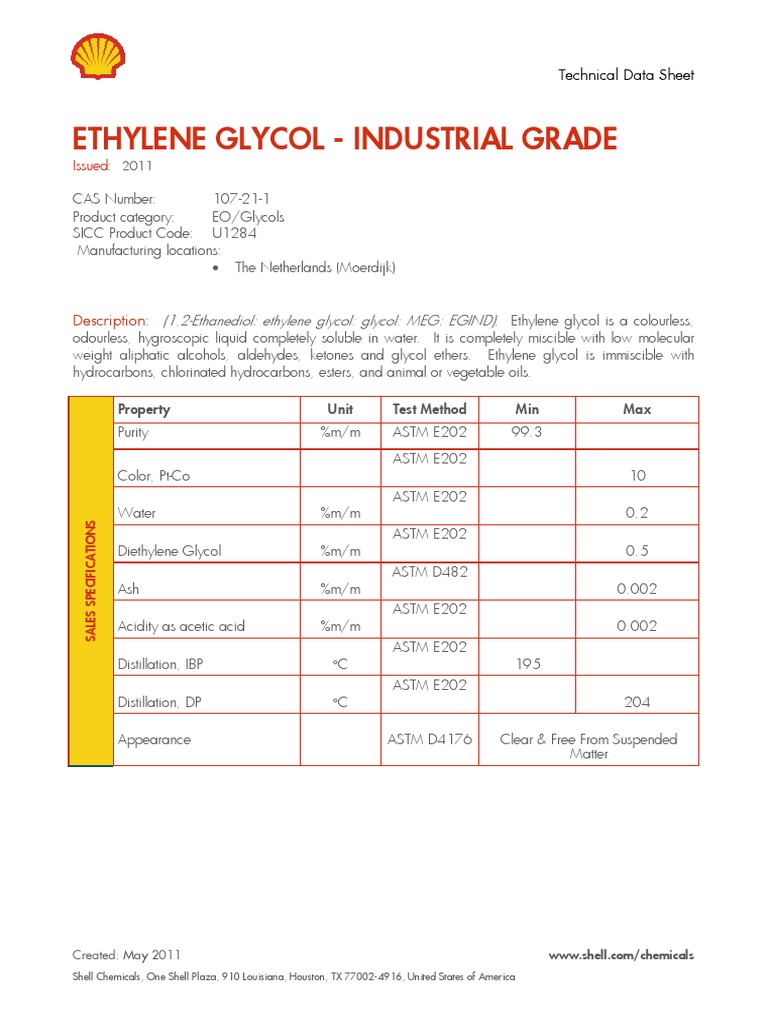 Ethylene Glycol Technical Data Sheet | PDF | Chemical Substances ...