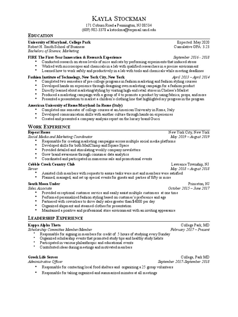Kayla Stockman Resume PDF | PDF | Fashion | Marketing