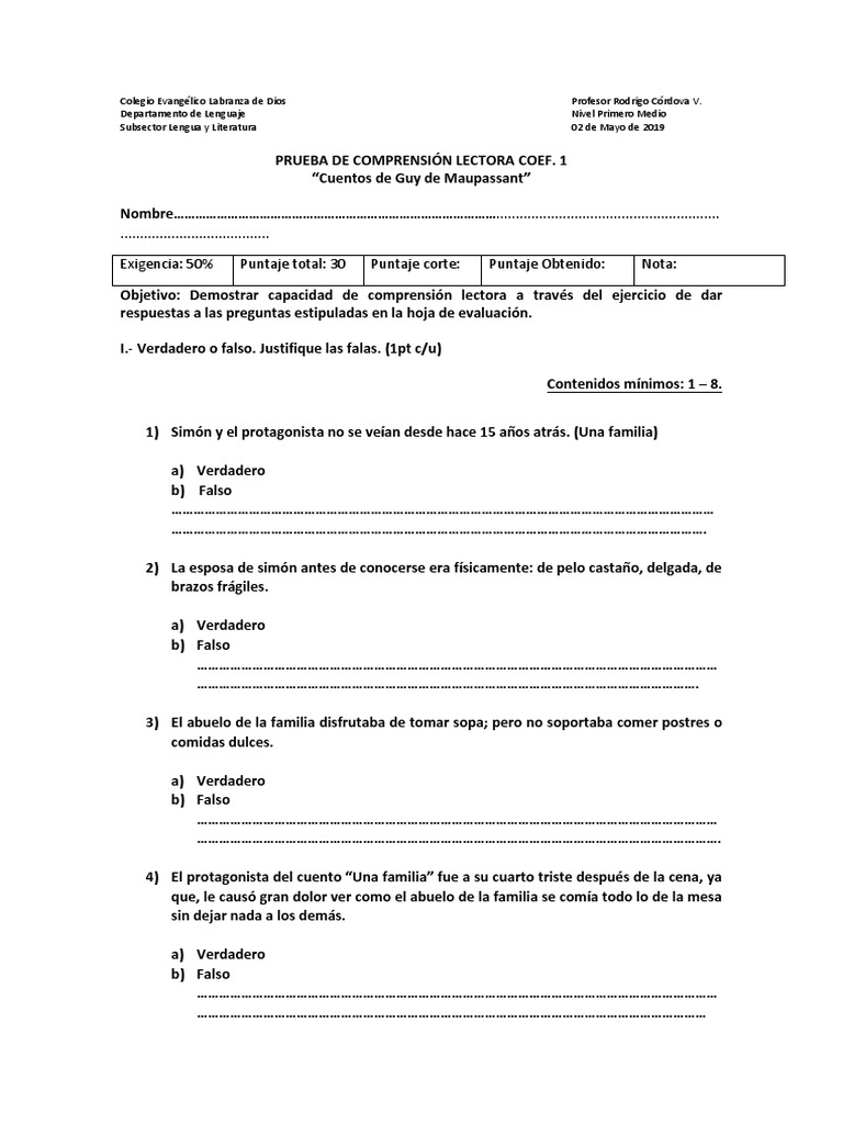 Prueba Comprensión Lectora 1 Medio | PDF