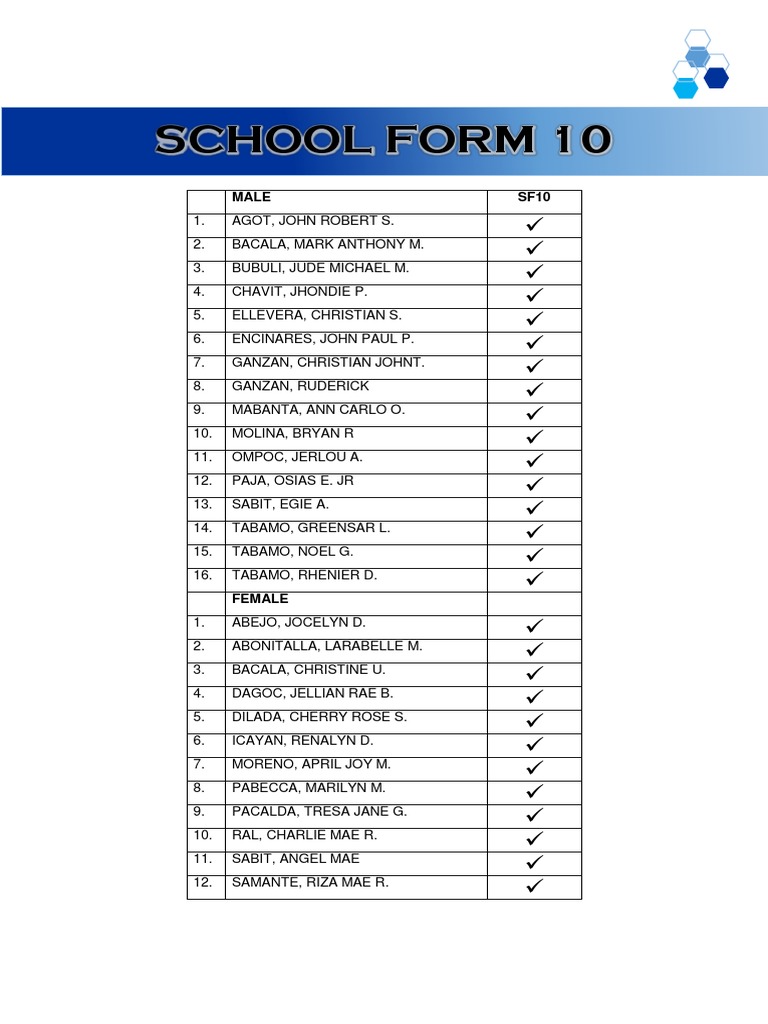 School Form 10: Male SF10 | PDF