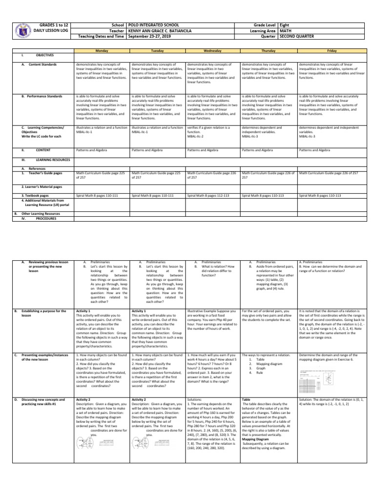 Math 8 DLL | PDF | Function (Mathematics) | Teachers