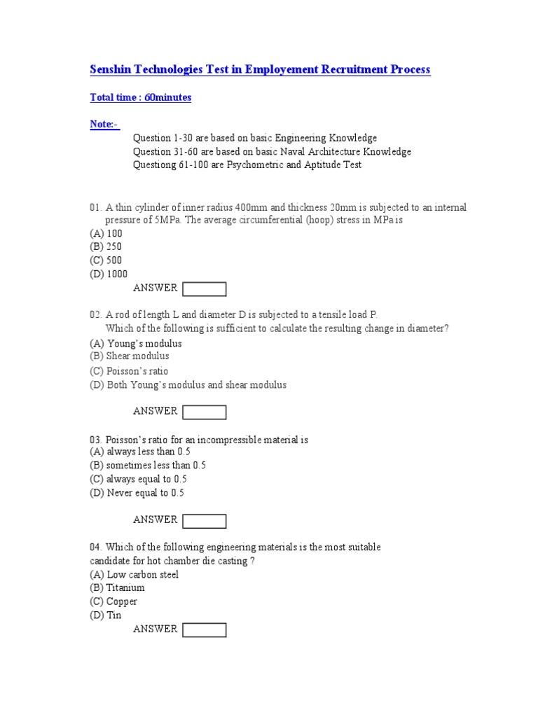 Naval Architecture Entry Level Interview Questions | PDF | Young's ...