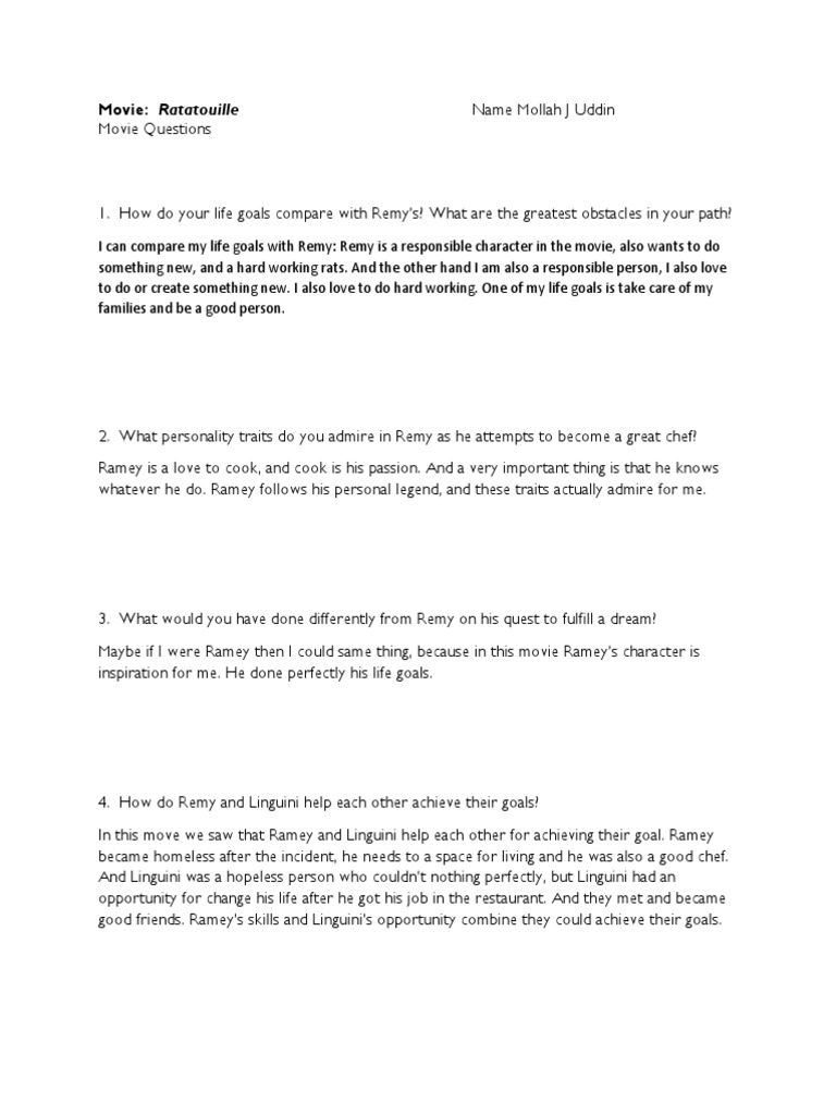 Ratatouille Movie Questions Final | PDF | Cuisine | Cooking