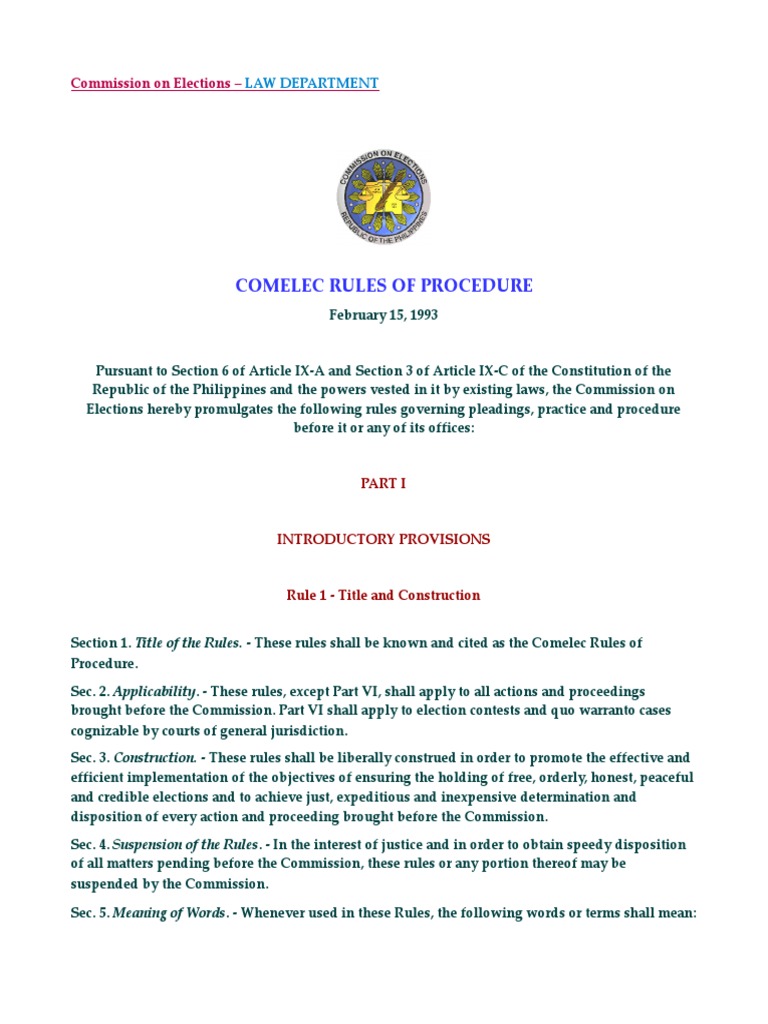 COMELEC RULES PROCEDURE | PDF | Intervention (Law) | Service Of Process