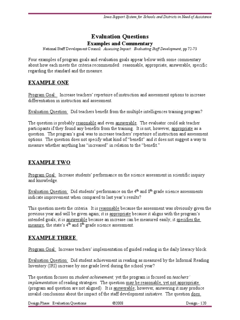 Evaluation Questions Examples and C F6706CD1A14C5 | PDF | Educational ...