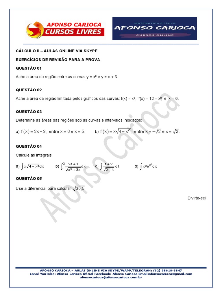 Cálculo II - Lista de Exercícios 01 para A Prova | PDF