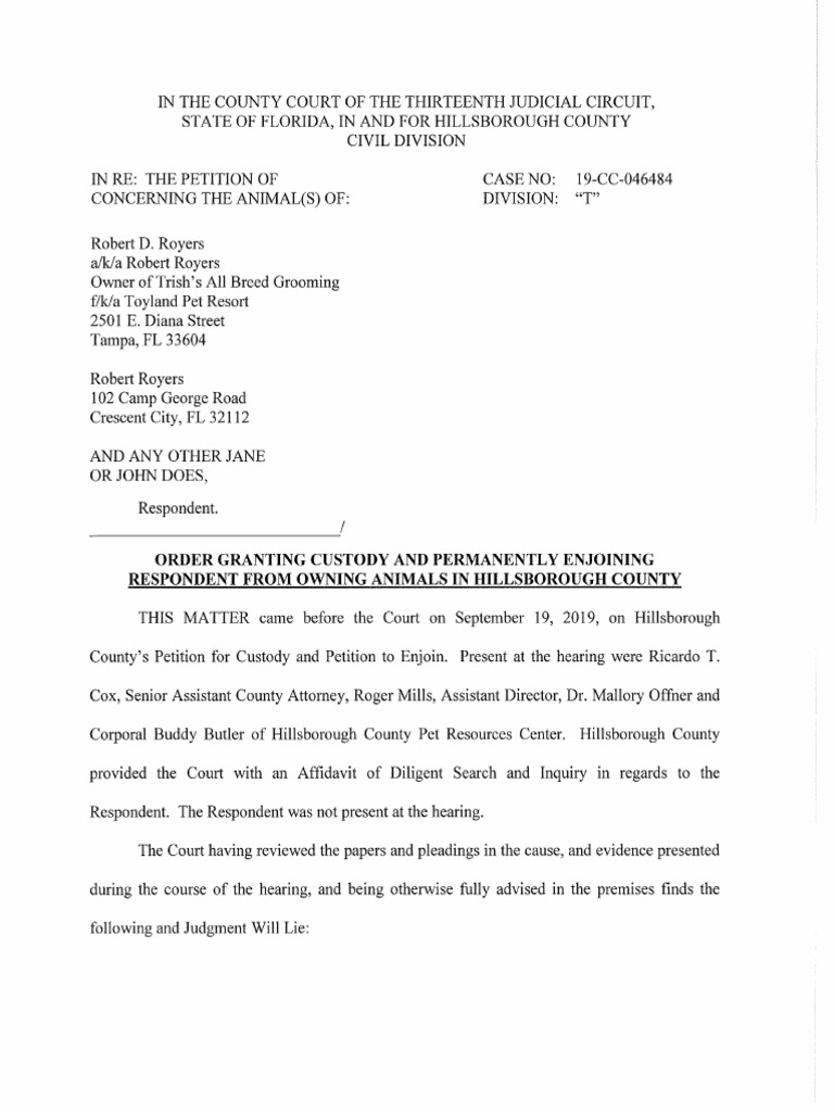 Court order from Hillsborough County