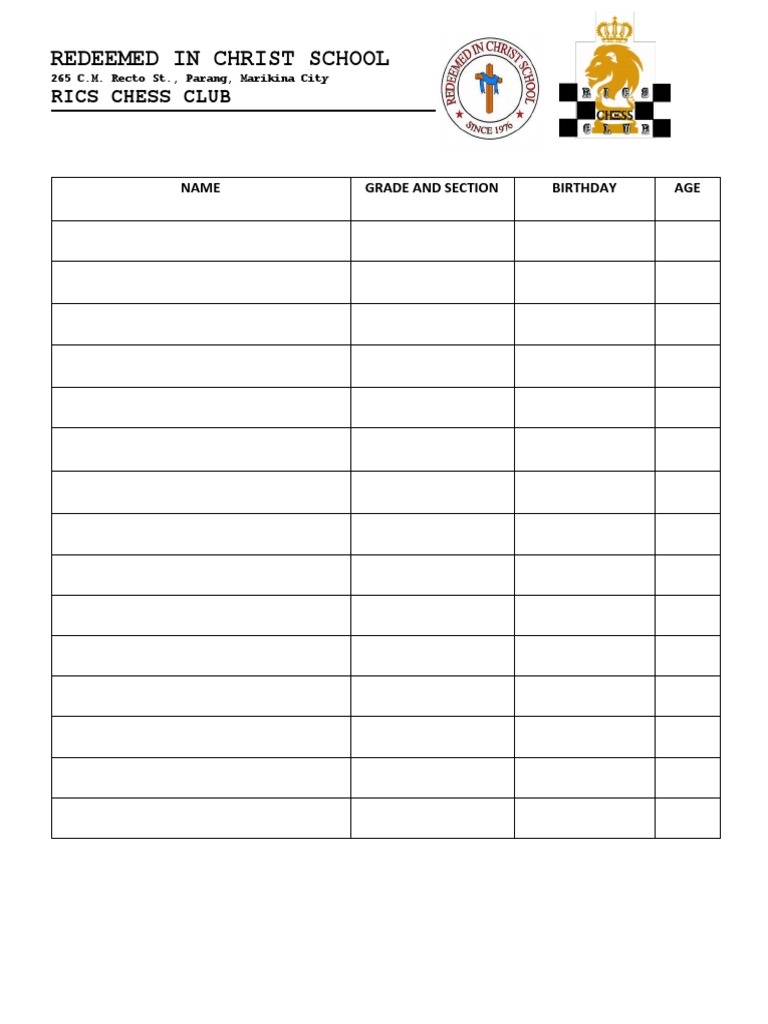 RICS Chess Club Membership Form | PDF