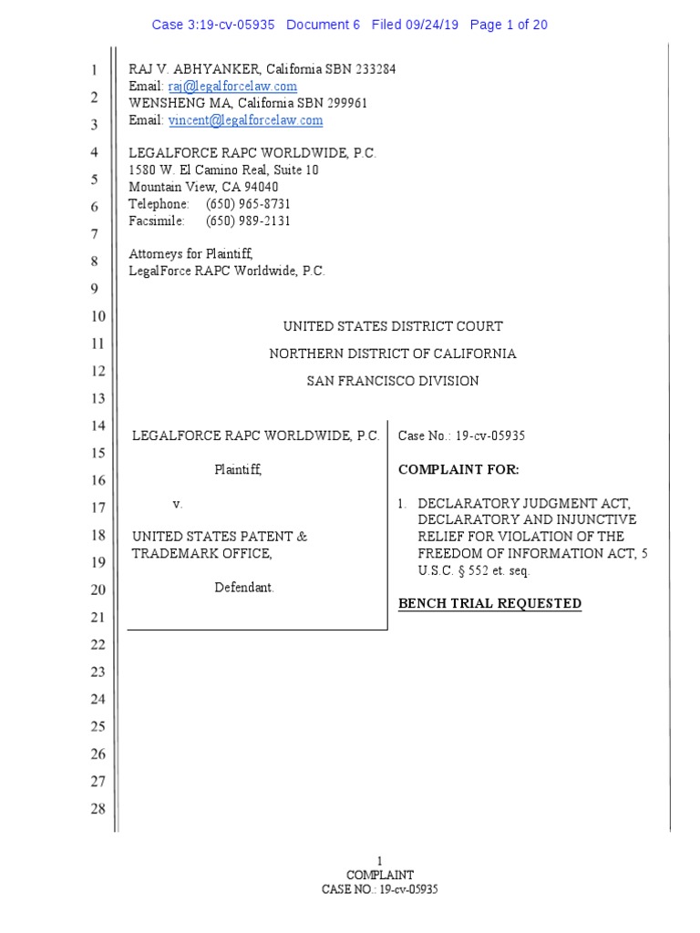 Complaint, LegalForce RAPC v. The United States Patent & Trademark ...