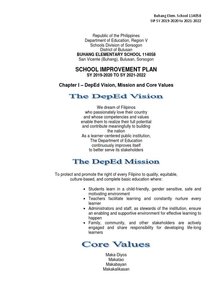 School Improvement Plan: - Deped Vision, Mission and Core Values | PDF ...