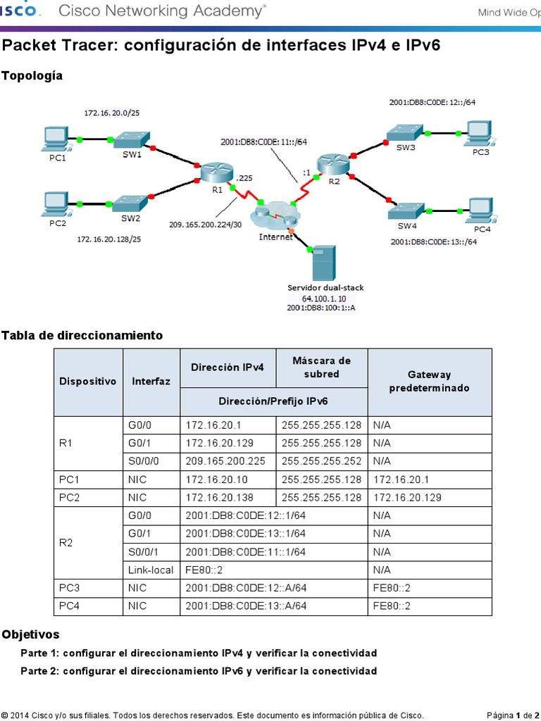 4.1.3.5 Packet Tracer - Configuring IPv4 and IPv6 Interfaces Instructions | PDF | Dirección IP ...