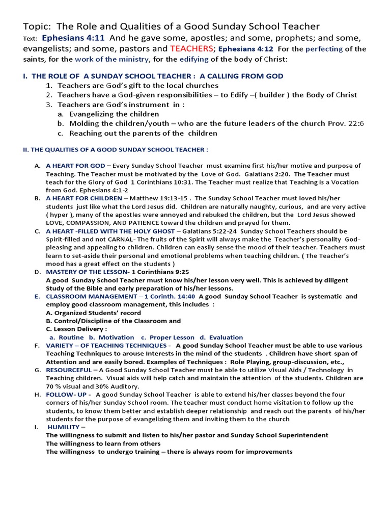 Role and Qualities of A Good Sunday School Teacher | PDF | Teachers ...