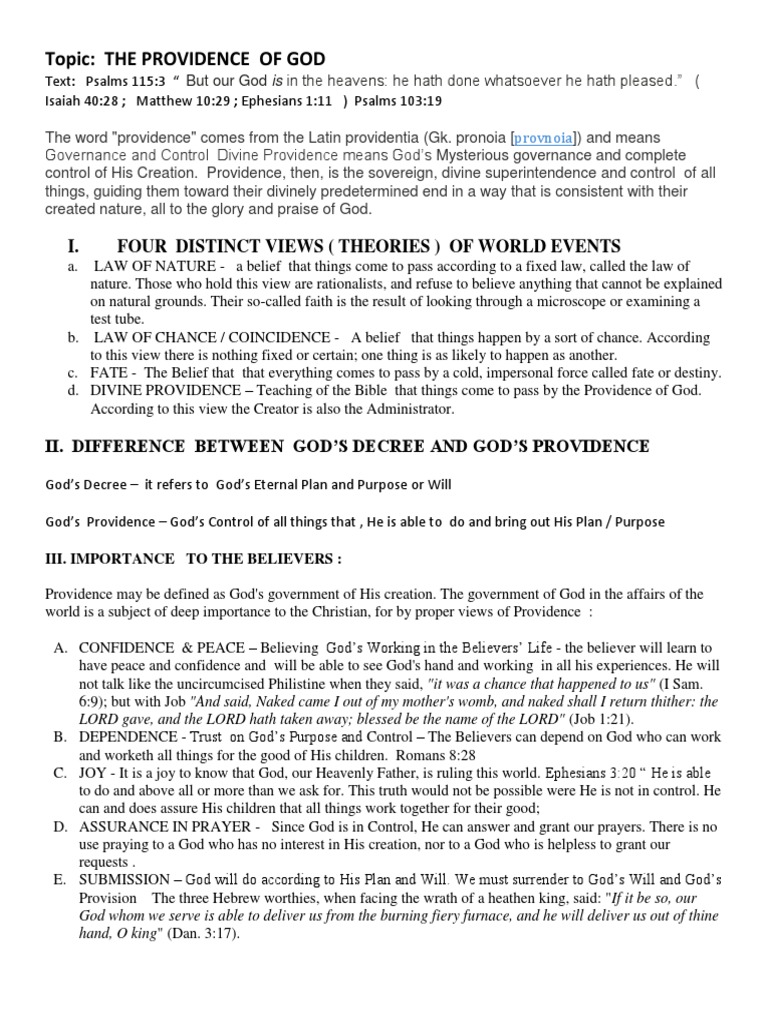 Topic: The Providence of God: I. Four Distinct Views (Theories) of ...